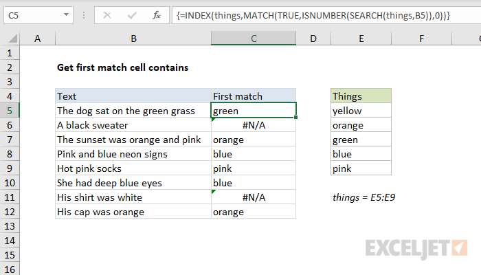 Excel formula: Get first match cell contains | Exceljet